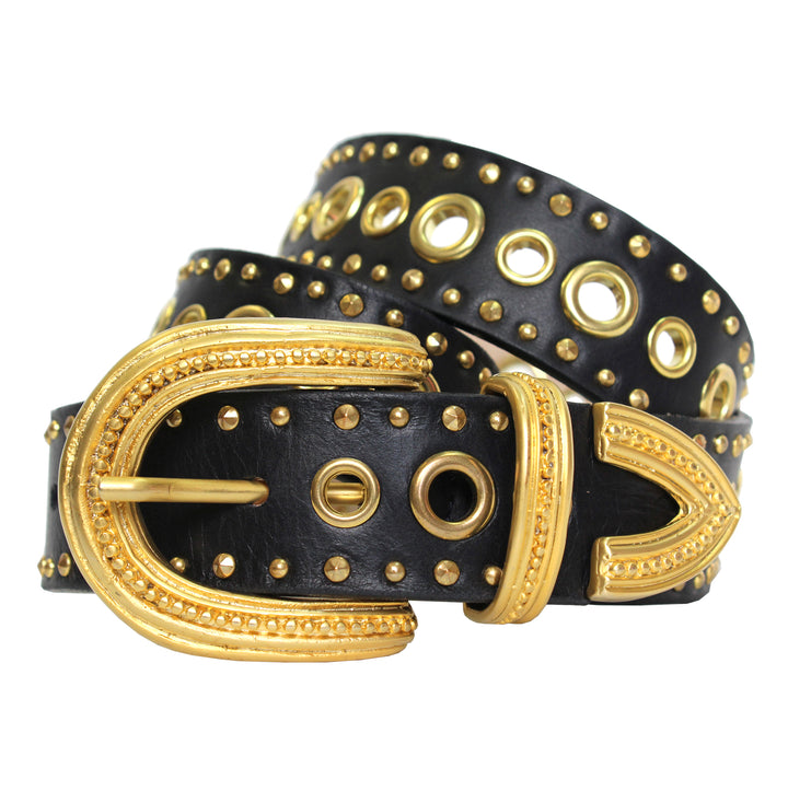Cleopatra Belt - Black Gold Grommets Leather Studded Belt - Streets ...